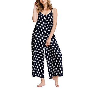 wexcen Womens Floral Printed Jumpsuits Casual Sleeveless Spaghetti Strap Rompers Wide Leg Pants with Two Pockets (Polka dot, XXL)