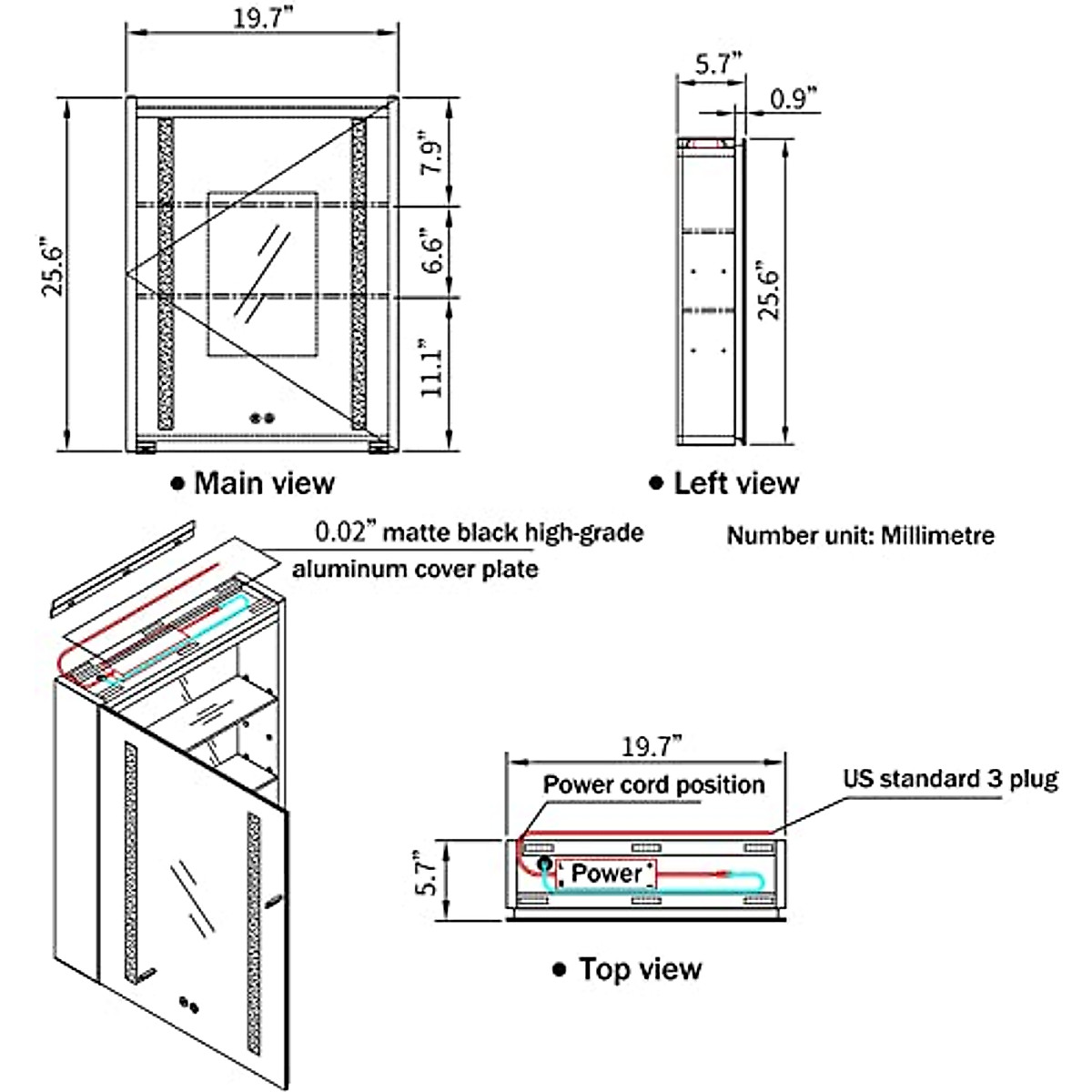 BluHouzz 20 Inch Led Bathroom Bathroom Medicine Cabinet with Mirror, Recessed or Surface Bathroom Mirror with Storage, Anti-Fog and LED Stepless Dimming Lighted Medicine Cabinet with Mirror (20IN)