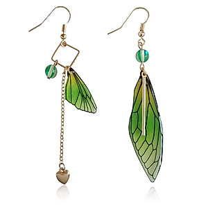 Unique Asymmetry Big Monarch Colorful Butterfly Wing Drop Dangle Earrings Crystal Dragonfly Wing Earrings Fashion Insect Jewelry For Women Gifts (Green)