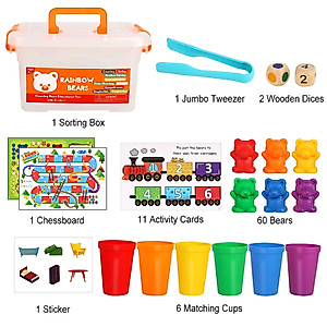 Counting Bears with Matching Sorting Cups,Rainbow Bear Counters with Activity Cards and Storage Box,Montessori Educational Counting and Sorting Toys,Fun Math Manipulative for Preschool Learning