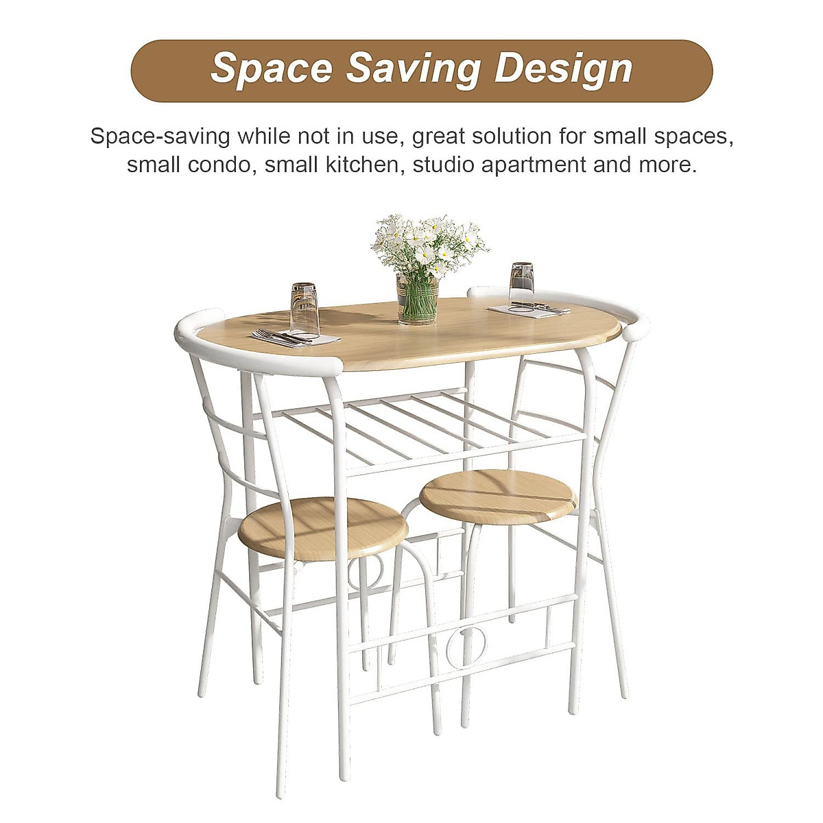 Bonzy Home 3 Piece Dining Table Set for 2, Bistro Table and Chairs for Kitchen, Outdoor and Indoor Pub, Bar Set, Balcony Furniture, Compact Space and Steel Frame, Built-in Wine Rack, Patio Decor