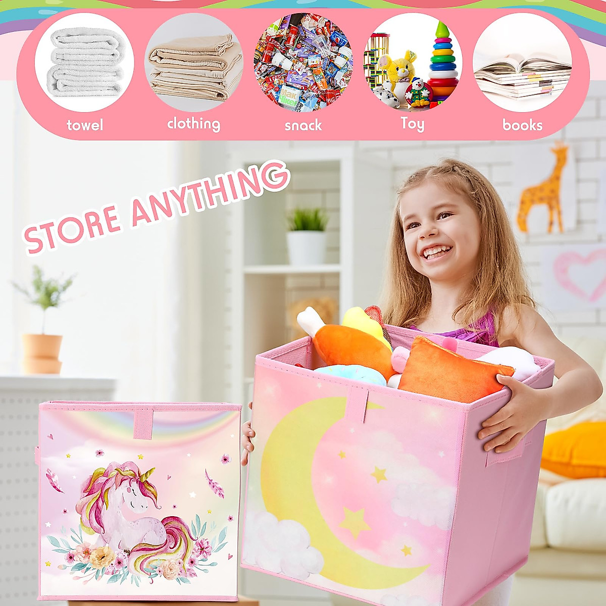 Geetery 8 Pack Cube Storage Bin 11 x 11 Inch Fabric Foldable Storage Organizer with Handles for Kids Toy Box Cube Baskets for Home, Kids Room, Closet, Nursery Room, Bedroom (Pink,Unicorn)