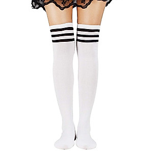 Century Star Women's Casual Athlete Striped Over Knee Thin Thigh High Tights Long Stocking Socks C 1 Pair White Black One Size