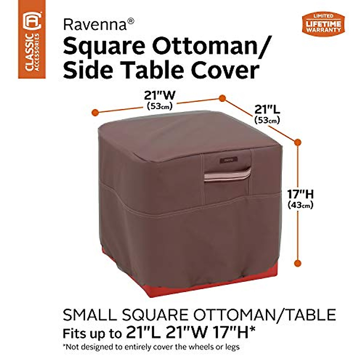 Classic Accessories Ravenna Water-Resistant 21 Inch Square Patio Ottoman/Table Cover, Outdoor Table Cover, Dark Taupe