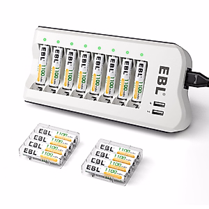 EBL 1100mAh NiMH AAA Rechargeable Batteries (16 Pack) and Rechargeable AA AAA Battery Charger with 2 USB Charging Ports