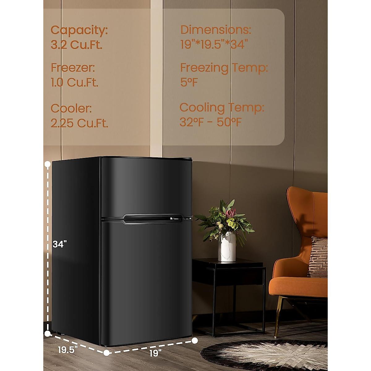 NAFORT Mini Fridge with Freezer 3.2 cu ft. 2-Door Freezer Cooler Refrigerator with Reversible Door, Removable Glass Shelves&Drawer, Mechanical Control, Recessed Handle for Dorm, Office, Apartment