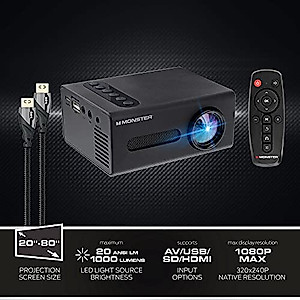 Monster Image Mini Small Format LCD Projector 1920x1080 HD Quality, Project Up to 8 Feet Away, Works On Projection Screens Ranging from 20-80 Inches. Supports Any Format with Universal HDMI Cable