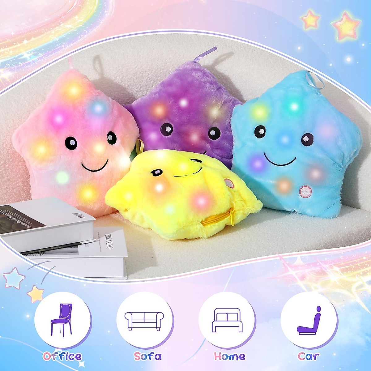 Pinkunn 6 Pcs Light up Star Pillow Star Shaped Soft Plush Pillow for Kids 13 Inch Twinkle LED Night Colorful Glowing Plush Throw Stuffed Pillow for Birthday Gifts Room Home Office