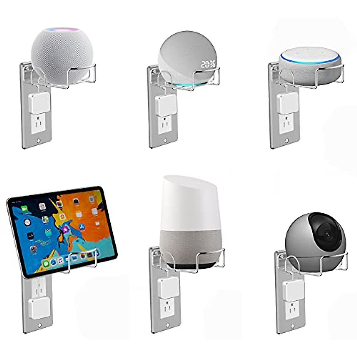 Wall Outlet Shelf Metal panel stainless steel bracket for Echo Devices, CellPhone, Ipad, Speaker,Stand Holder mount accessories Perfect for Bathroom, Kitchen, Bedrooms Easy Installation(Aluminum)