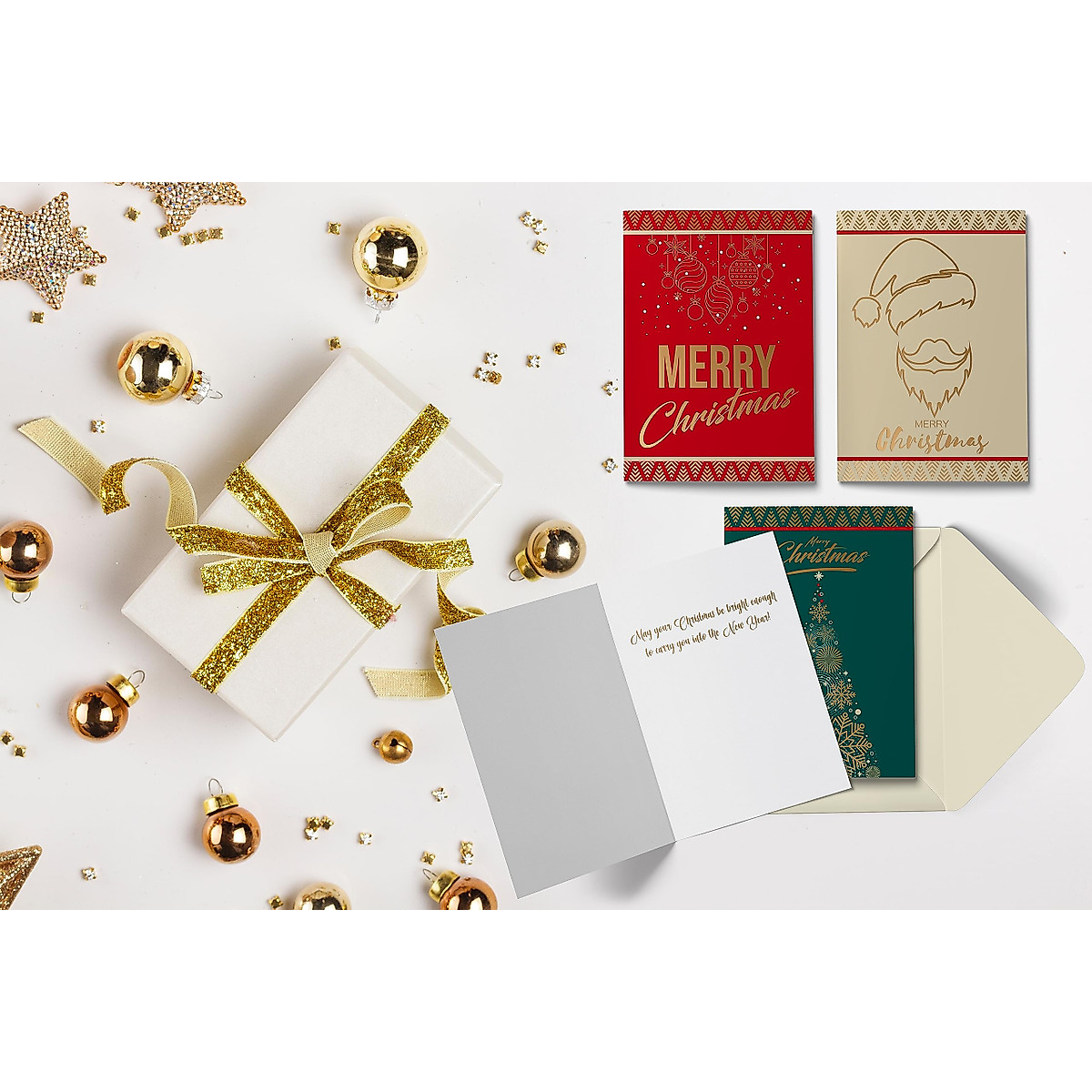 Better Office Products 50 Pack Christmas Cards with Gold Foil Iconic Images, 5" x 7", High Gloss, Gold Foil Interior Greeting, with 50 Envelopes, 50 Count Boxed Set