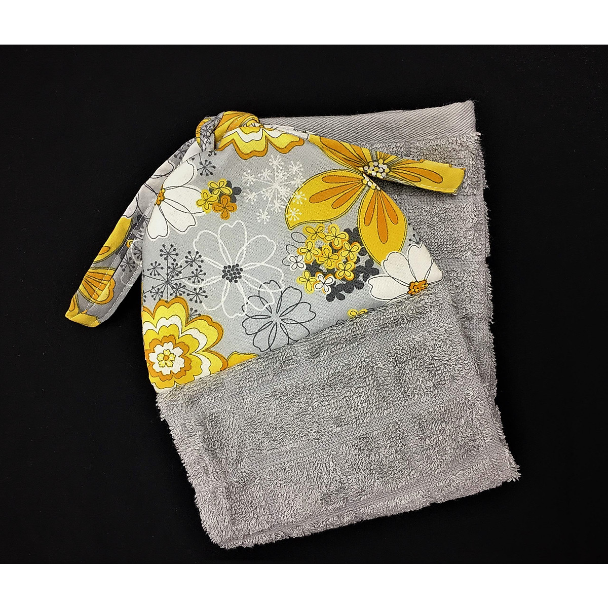 White and Yellow Flowers on Grey Gray Ties On Stays Put Kitchen Hanging Loop Hand Dish Towel