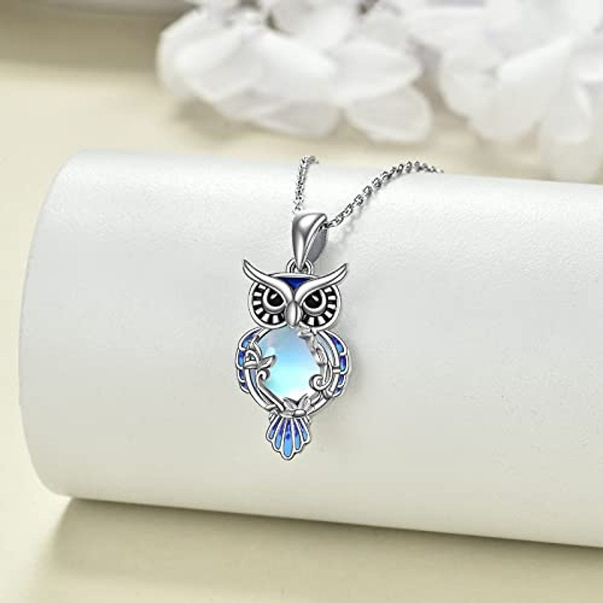 LUHE Owl Jewelry Necklace Gifts for Women Sterling Silver Moonstone Filigree Owl Pendant Necklace Christmas Gifts Jewelry for Women