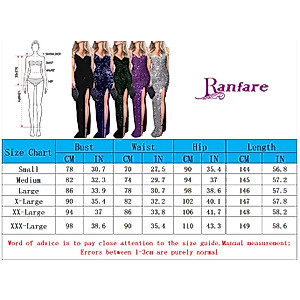 Ranfare Women's Sexy V Neck Bodycon Sequin Gown Evening Dress with Slit (Black-3-L)