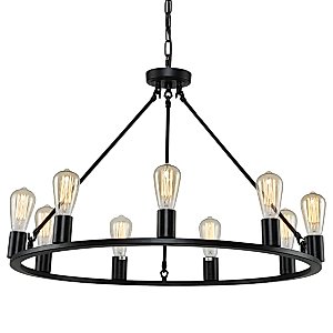 Senyshilon Wagon Wheel Chandelier 9-Light Farmhouse Chandelier, Dia 32'' Industrial Pendant Light Fixture, Black Matte Modern Chandeliers for Dining Room Kitchen Island Bedroom Living Room Foyer