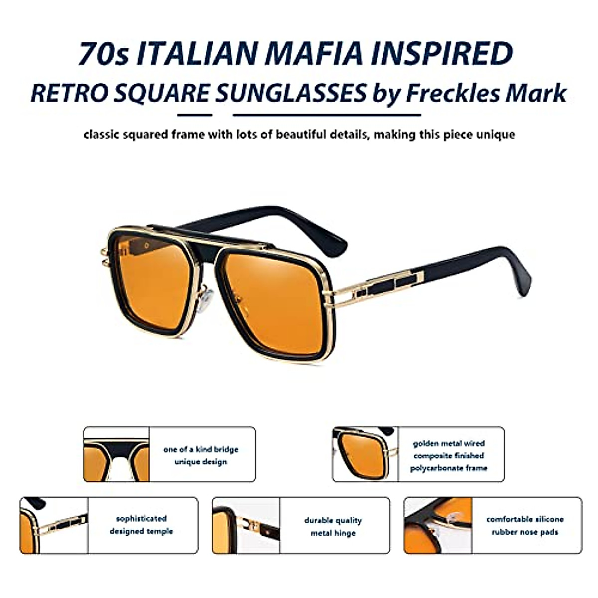 Freckles Mark Trendy Retro Sunglasses for Men Women Classic Stark Vintage Shades 70s Italian Fashion Square Metal Glasses (Yellow/Black, 56)