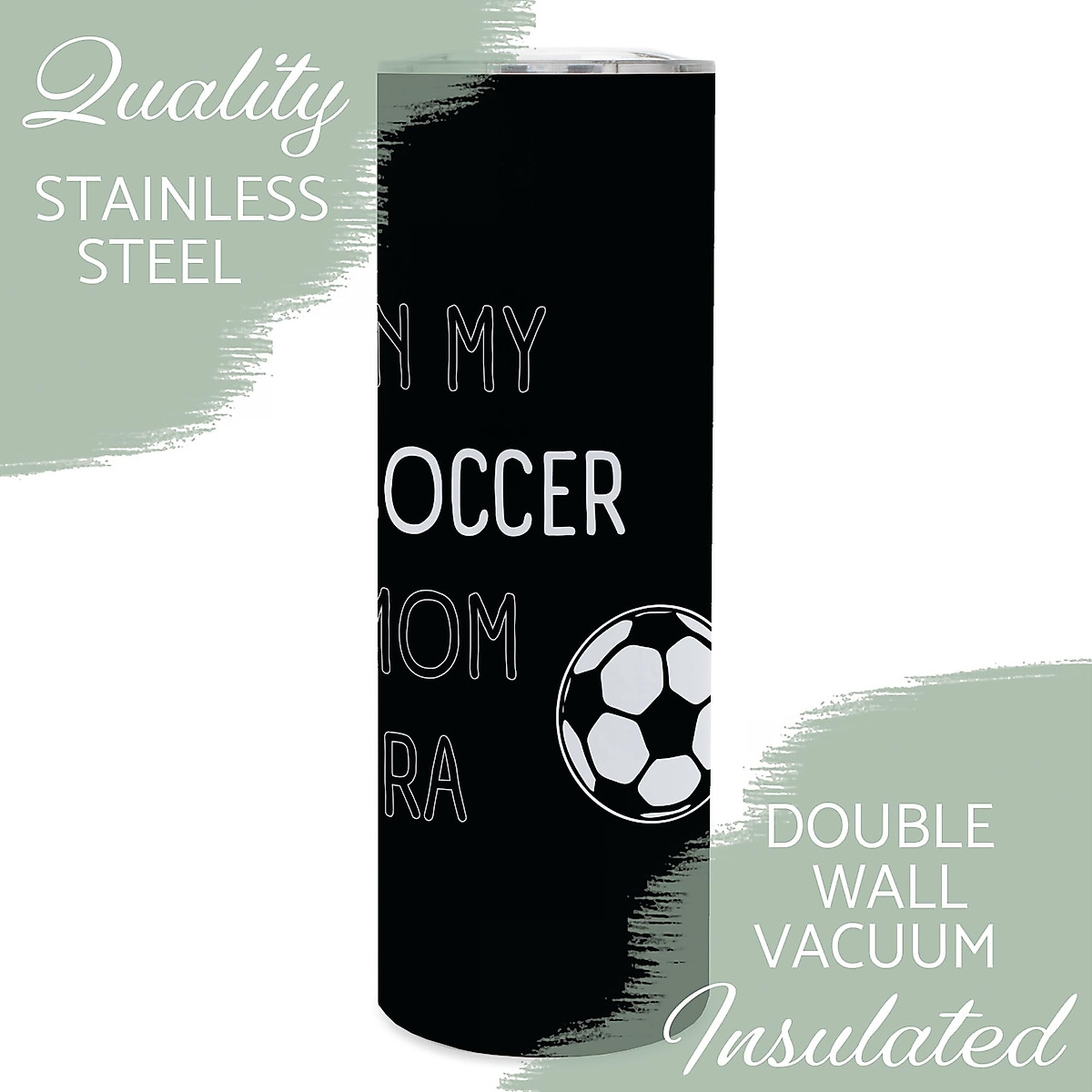 Elanze Designs In My Soccer Mom Era Ball Sport Wrap-Around Design 20 Ounce Stainless Steel On-The-Go Coffee Travel Insulated Skinny Tumbler Mug Cup, Slide Top Lid, MRC-20OZ-SH247