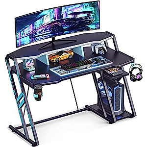 MOTPK Gaming Desk with Storage Shelf 47 inch, Computer Desk with Monitor Shelf, Gaming Table with Carbon Fiber Surface, Gamer Desk with Cup Holder & Headphone Hook, Gift for Boys Men, Black