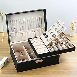 NuAngela Large Jewelry Box Organizer for Women Girls, 2 Layer Jewelry Storage Case, PU Leather Display Jewellery Holder With Removable Tray for Necklace Earrings Rings Bracelets (Black)
