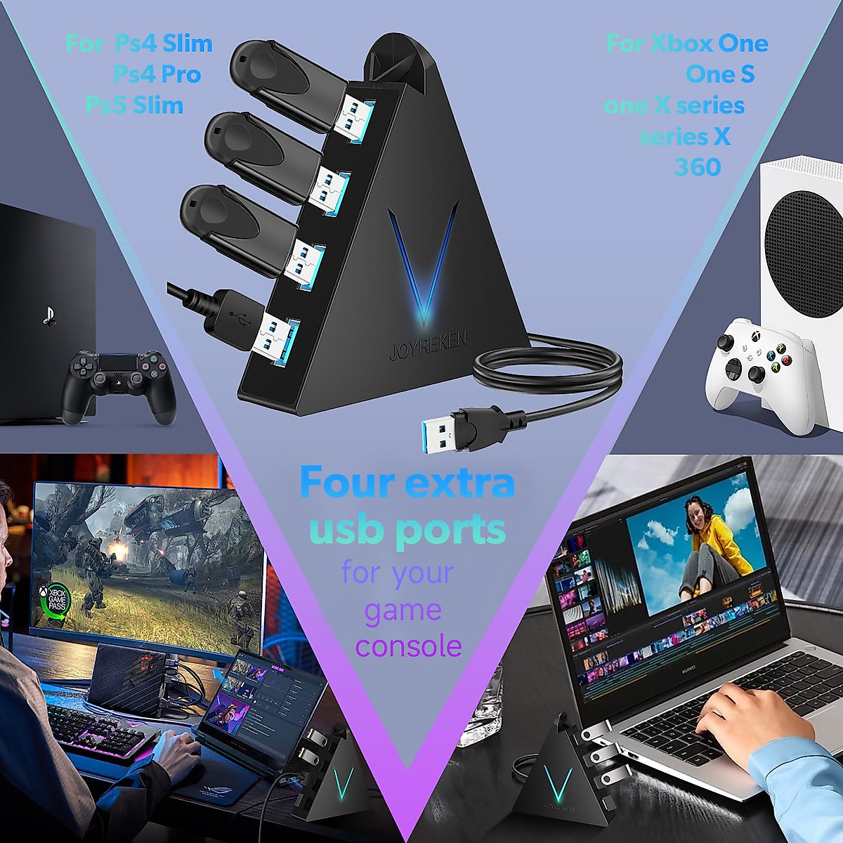 JoyReken 4-Port USB 3.0 Hub, FlyingVHUB USB Hub Tower with 2 ft Extended Cable,USB Splitter for Laptop,PC,PS4,PS5,Xbox,Mouse,Keyboard, Flash Drive, U-Disk (Black)