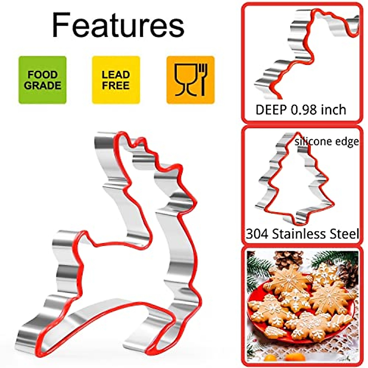 Crethinkaty Christmas Cookie Cutter Set for Baking,Stainless Steel Biscuit Cutters with Comfort Grip,6 Pieces Fondant Cutters-Gingerbread Man,Snowflake,Snowman,Christmas Tree,Reindeer,Lantern