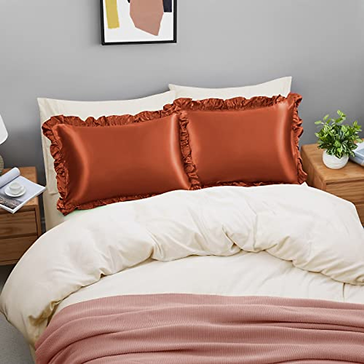 SiinvdaBZX Ruffled Queen Satin Pillowcase Set of 2, Burnt Orange Silky Satin Pillow Cases for Women Ruffle Pillow Shams Covers Princess Room Decoration, with Envelope Closure