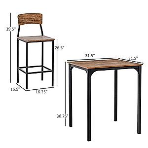 HOMCOM 3 Piece Industrial Counter Height Dining Table Set, Bar Table & Chairs with Steel Legs & Footrests, Black