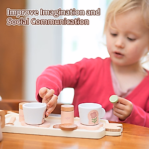 Pretend Play Kitchen Set for Toddlers, Wooden Tea Set for Little Girls, Wood Toy Coffee Maker Set for Kids