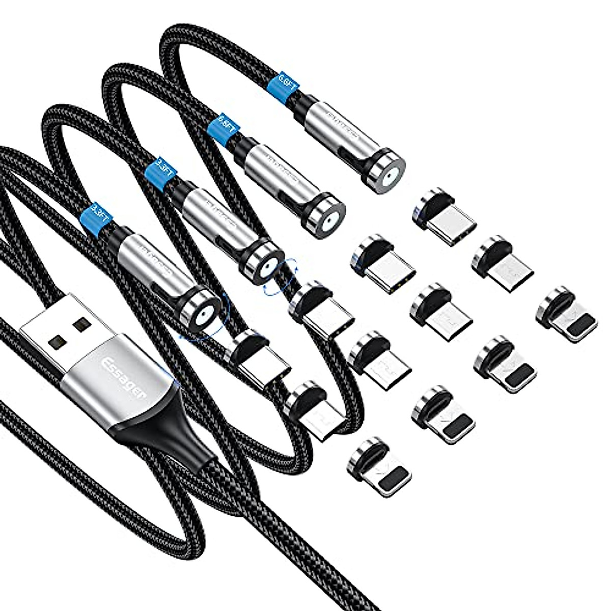 ESSAGER Magnetic Charging Cable 4 Pack(3.3+3.3+6.6+6.6) ft, 360°& 180°Rotation Magnetic Charger Cable with LED Compatible with USB C Type-c Micro 3 in 1 Charger Cable(Black)