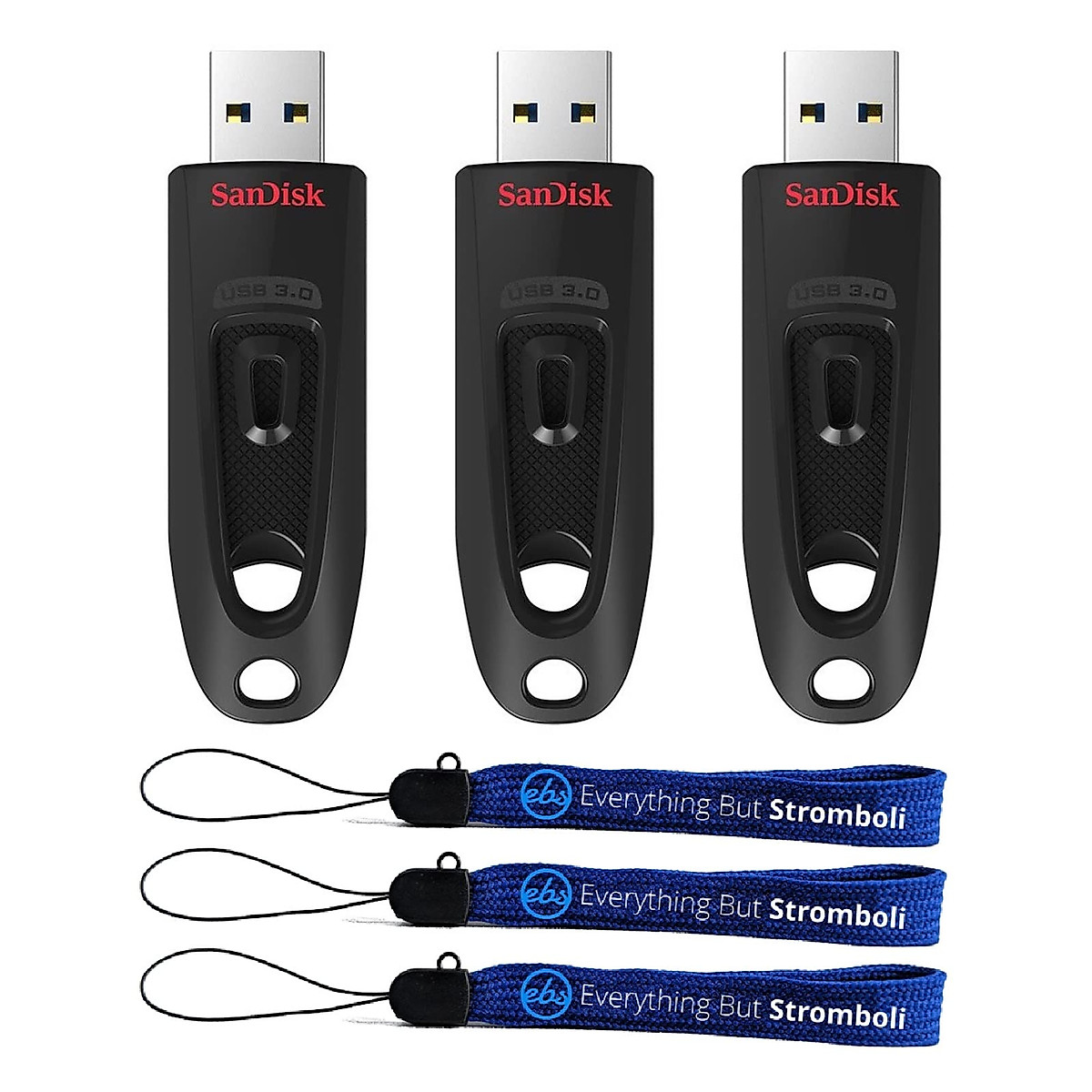 SanDisk Ultra USB 3.0 Flash Drive 128GB 3 Pack Bundle with (3) Everything But Stromboli Lanyards