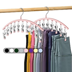 Legging Organizer for Closet, Metal Yoga Pants Hangers 2 Pack w/10 Clips Holds 20 Leggings, Space Saving Hanging Closet Organizer w/Rubber Coated Closet Organizers and Storage, Pink