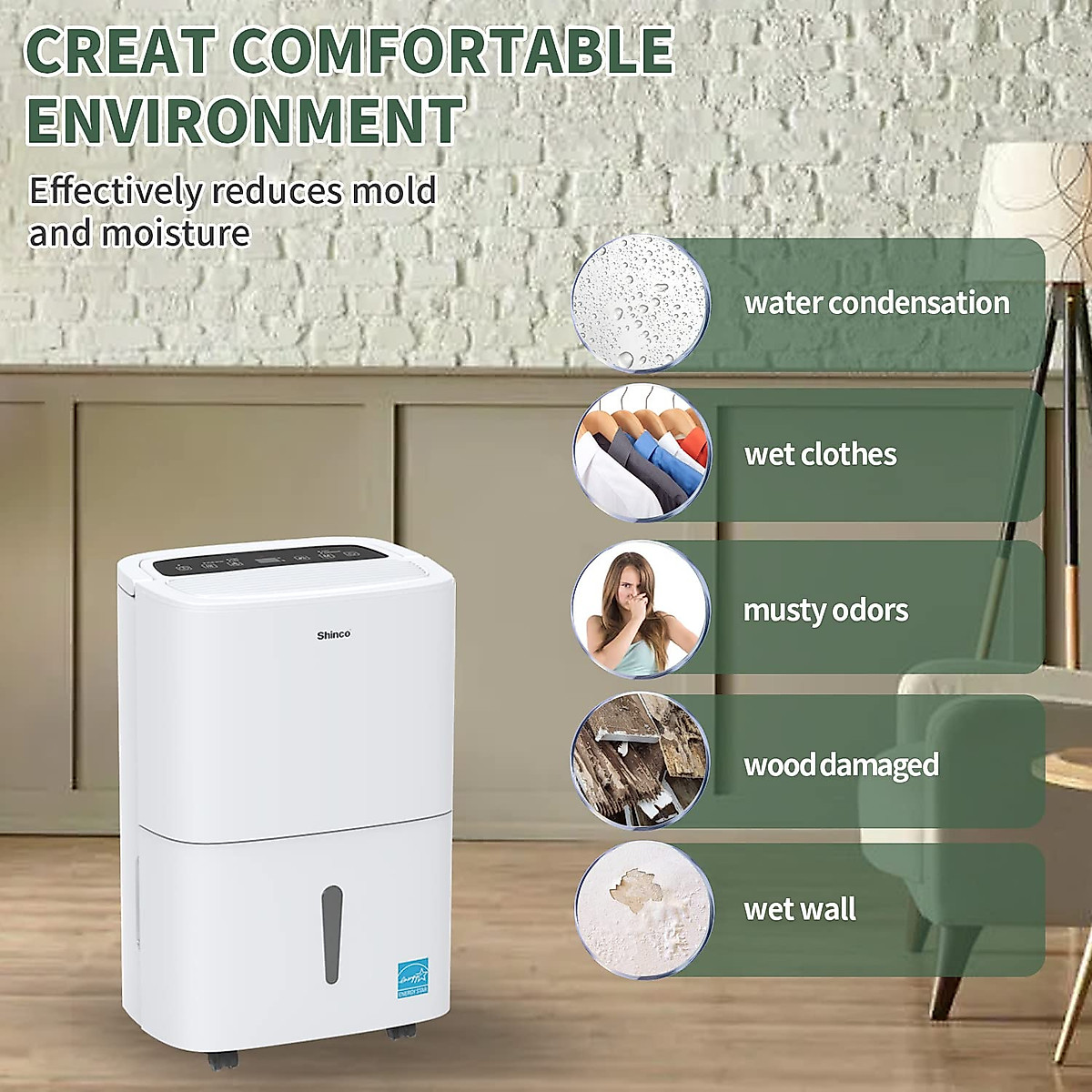 Shinco 6,000 Sq.Ft Energy Star Dehumidifier, Ideal for Large Rooms and Home Basements, Efficient Moisture Removal with Adjustable Humidity Control, 1.32 Gallons Water Tank