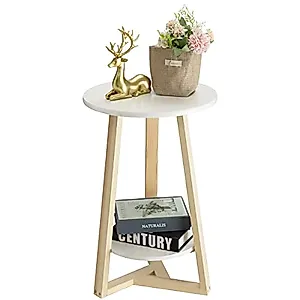 TINSAWOOD Round Side Table, Two-Tier White Side Table for Living Room, Bedroom, Balcony, Office & Small Spaces, Small End Table with Storage Shelf, Easy Assembly