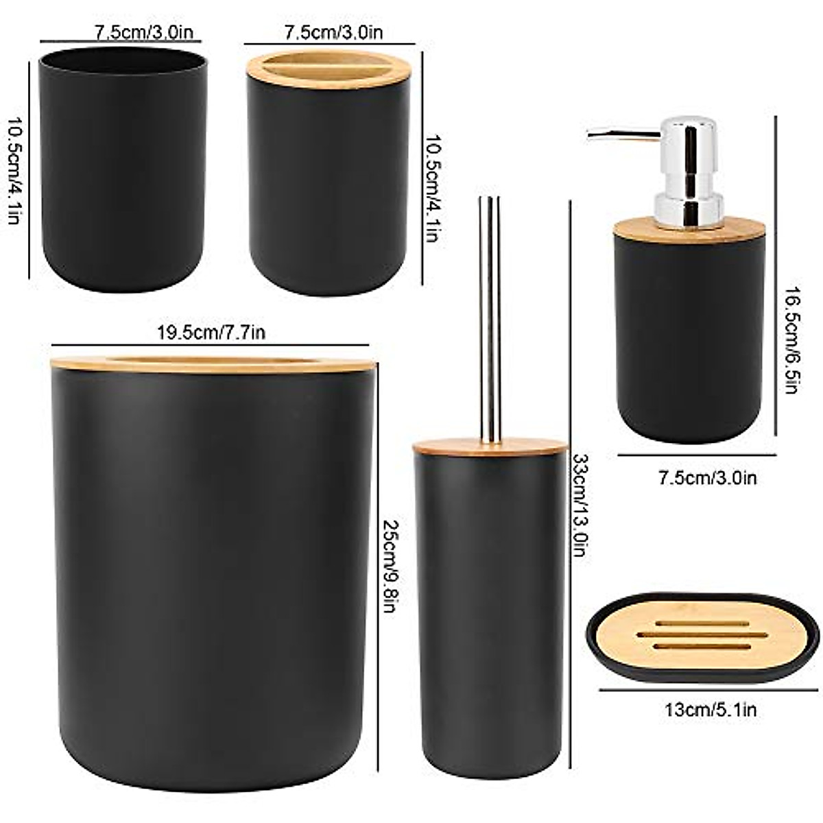 Tyenaza 6pcs Bathroom Accessories Set, Bamboo Bath Set Toothbrush Holder Toothbrush Cup Soap Dispenser Soap Dish Toilet Brush Holder Trash Can Straw(Black)