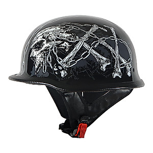 1Storm Novelty Motorcycle Half Face Helmet German Style DOT Approved: HKY602 Chain Skull + Black Tinted Goggle Bundle