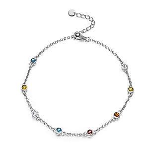 Sterling Silver Rainbow Planet Galaxy Anklet Ankle Bracelet with Multicolor Swarovski Crystals, Wonderful Beach Time Anklet for This Spring & Summer, Anniversary Birthday Jewelry Gifts for Women