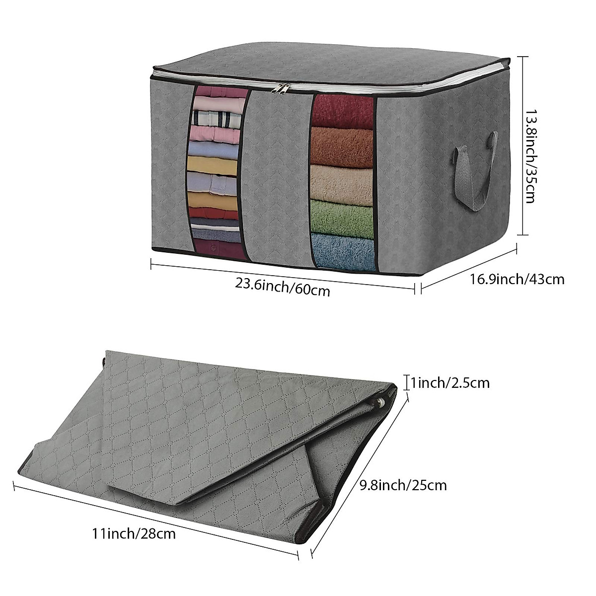 Awekris 4-Pack Clothes Organizer Bag, Large Capacity Foldable Storage Bag Comforter Storage Bags With Divide Interior, Reinforced Handle, Stainless Steel Zippers, Clear Window for Blankets, 90L Grey