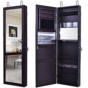 GISSAR Jewelry Mirror Armoire Wall Mount Over The Door, Mirror Jewelry Cabinet Storage Organizer Locking (Brown)