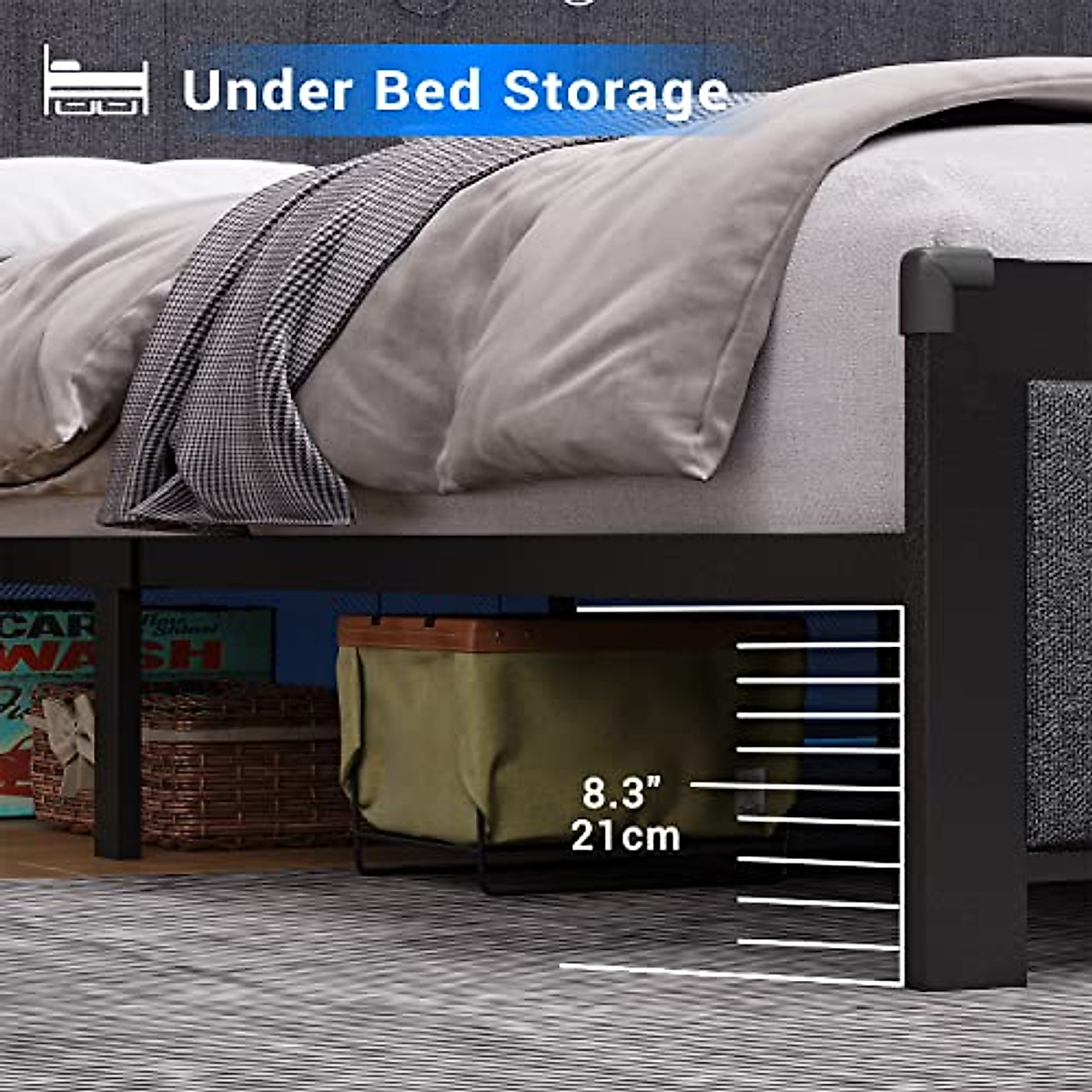 BTHFST Queen LED Bed Frame with Storage Headboard, Upholstered Metal Platform Bed Frame with USB Ports & Charging Outlets, No Squeak, Verticle Channel Tufting, Dark Gray