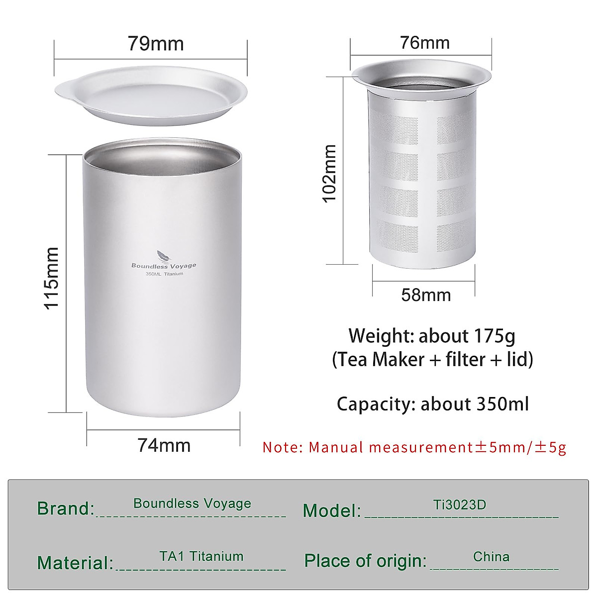 iBasingo 350ml Titanium Double Layer Tea Cup with Filter Cover Outdoor Camping Tea Mug Set for Picnic Hiking Traveling Home use A-Ti3023D