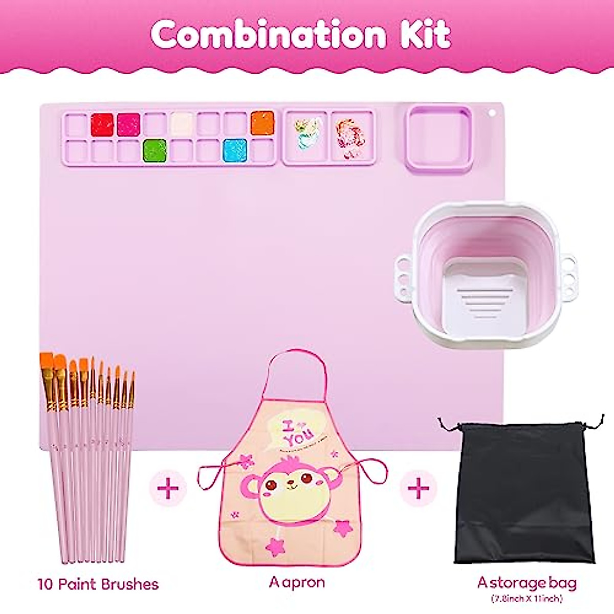 HOMOEASE Silicone Mats for Crafts, Silicone Painting Mat Kits with Detachable Cup & 10 Paint Brushes & Apron&Storage Bag, Silicone Art Mat for Kids Gift,Painting, Clay, DIY, 20"X16" Nonstick (Pink)