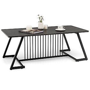 Giantex Modern Coffee Table, 48" x 24" Rectangular Coffee Table with Marble Spacious Tabletop & Adjustable Feet, Large Tea Table for Living Room Office Reception Room (Black)