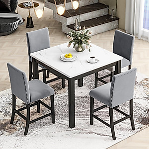 Counter Height Dining Table Set for 4, Farmhouse Kitchen Table Set with Faux Marble Tabletop and 4 Upholstered Chairs, Wooden Table and Chairs Set for Kitchen, Dining Room, Small Space, Grey