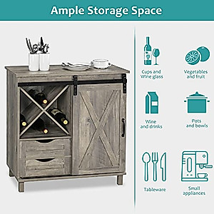 VINGLI Farmhouse Barn Door Wine Liquor Cabinet Home Coffee Bar Furniture w/Removable X-Shaped Wine Rack, Rustic Mini Buffet Sideboard Accent Storage Cabinet with 2 Drawers (Wash Grey)