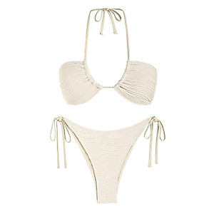ZAFUL Women's Bandeau Bikini Set Tie Side Swimwear O Ring Cinched Strapless Swimsuit Halter Two Piece Bathing Suit