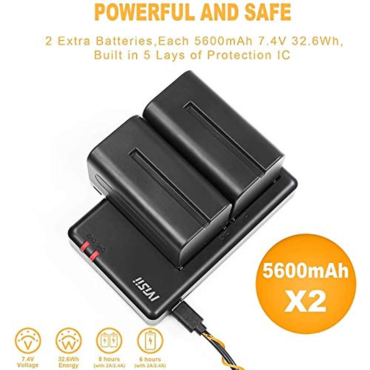 IVISII NP-F750 Battery 2 Pack 5600 mAh Li-ion Replacement with Battery Charger for Sony NP-F550 NP-F570 NP-F750 NP-F770 NP-F930 NP-F950 NP-FM55H NP-FM500H NP-QM71 NP-QM91 NP-QM71D Camera