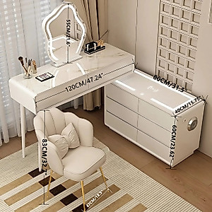 ZGNBSD Corner Vanity Set - Makeup Vanity Desk with Charging Station & Bluetooth Speaker, 8 Drawers Design, Including LED Vanity Mirror and Chair, L-white, 47''