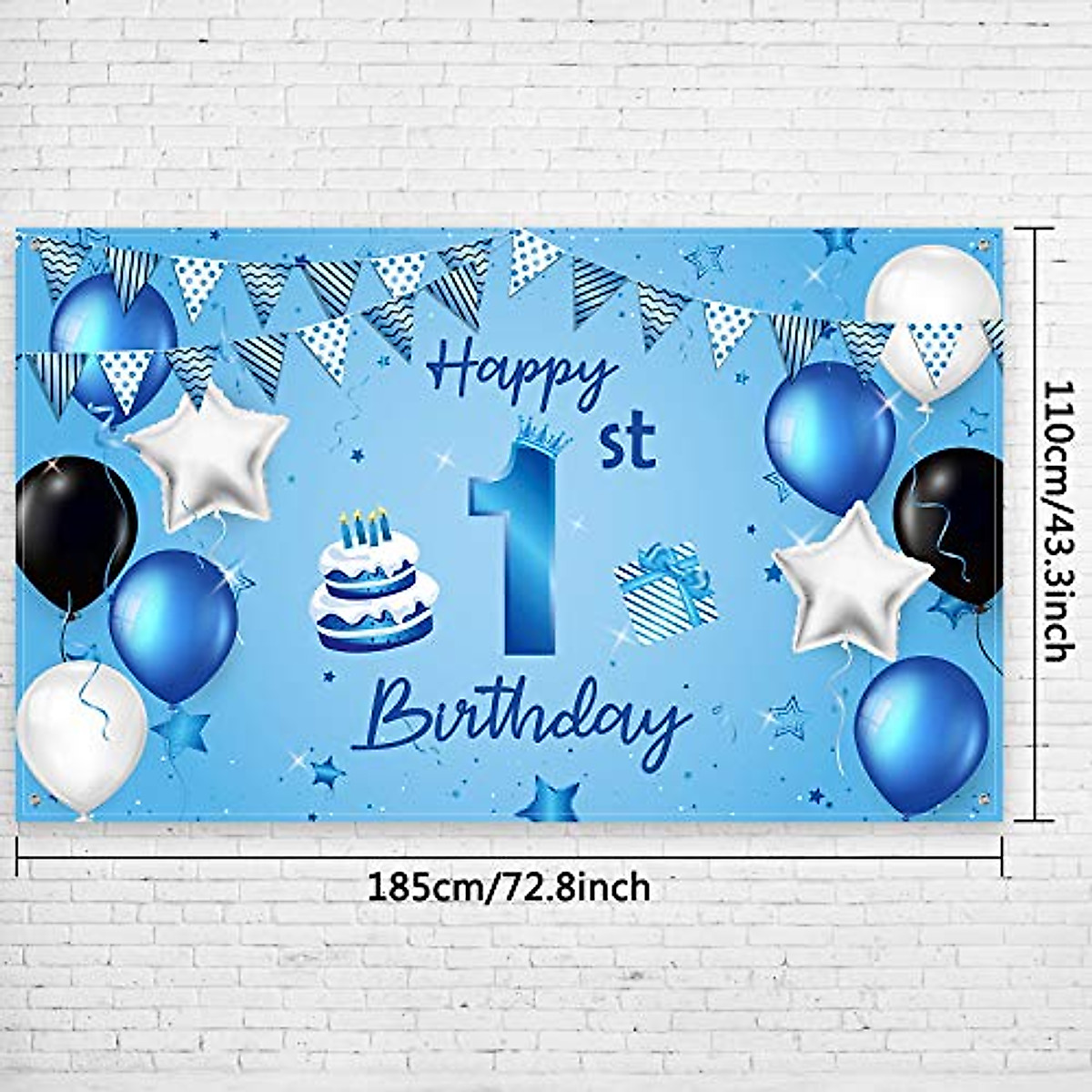 Happy 1st Birthday Backdrop Banner Blue Newborn Boys First Birthday Backdrop Photography Background for 1st Birthday Baby Shower Party Decorations Supplies 72.8 x 43.3 Inch