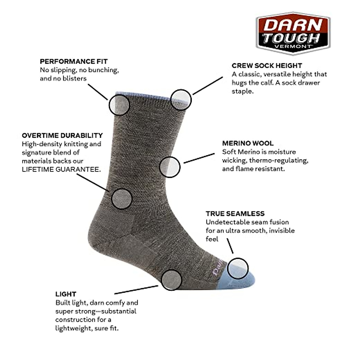 Darn Tough Women's Solid Basic Crew Lightweight Sock (Style 6012) - Denim, Medium