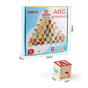 Gemileo Wooden ABC Toy Building Blocks for Toddlers 1-3 36 PCS Wood Alphabet Number Blocks for Stacking Learning Preschool Educational Montessori Sensory Toys for Kids Boys Girls Gifts 1.7"