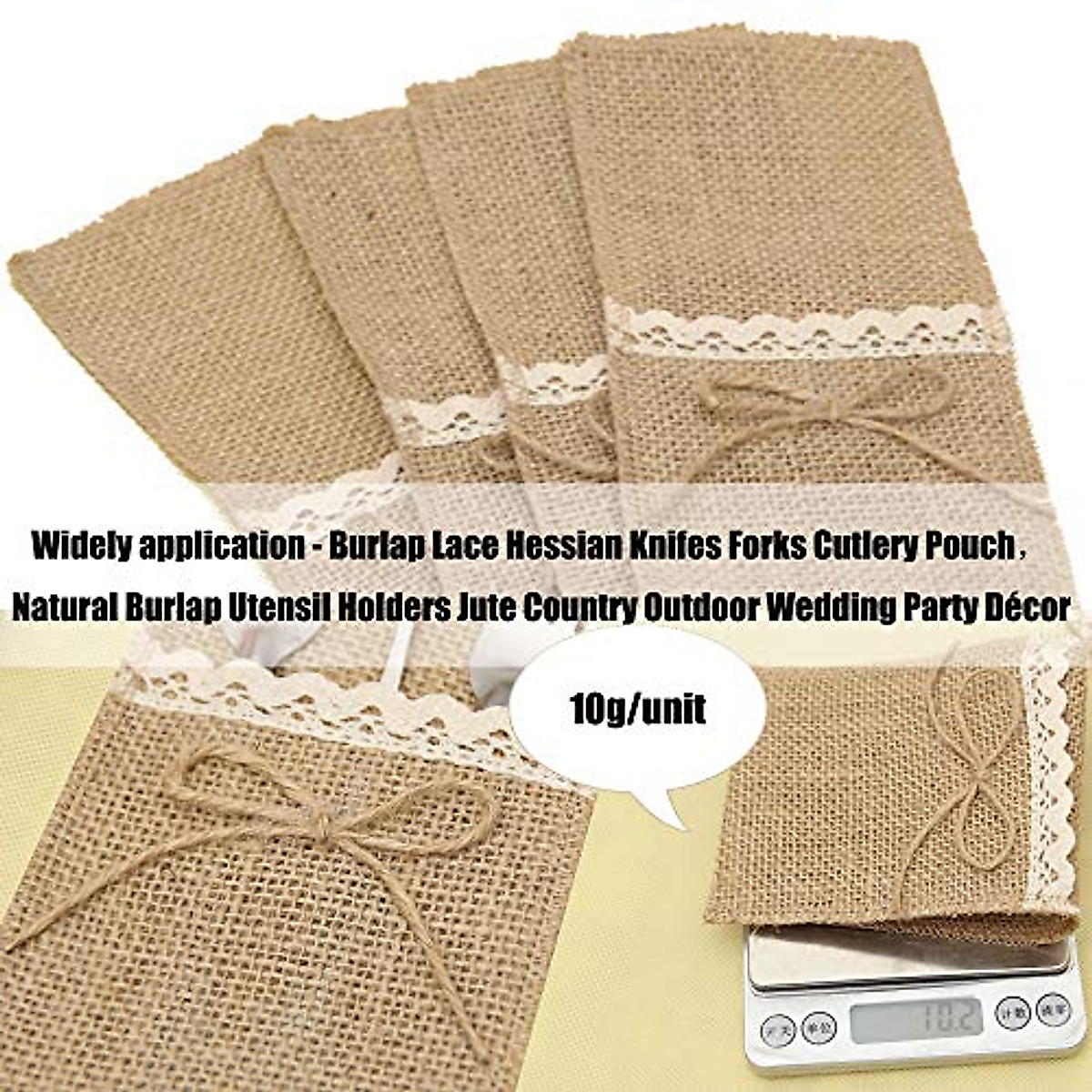 Topmodehome Burlap Cutlery Holders Lace Utensil Pouch Knifes Forks Bag for Vintage Natural Wedding (4x8inch, Rope Bow)